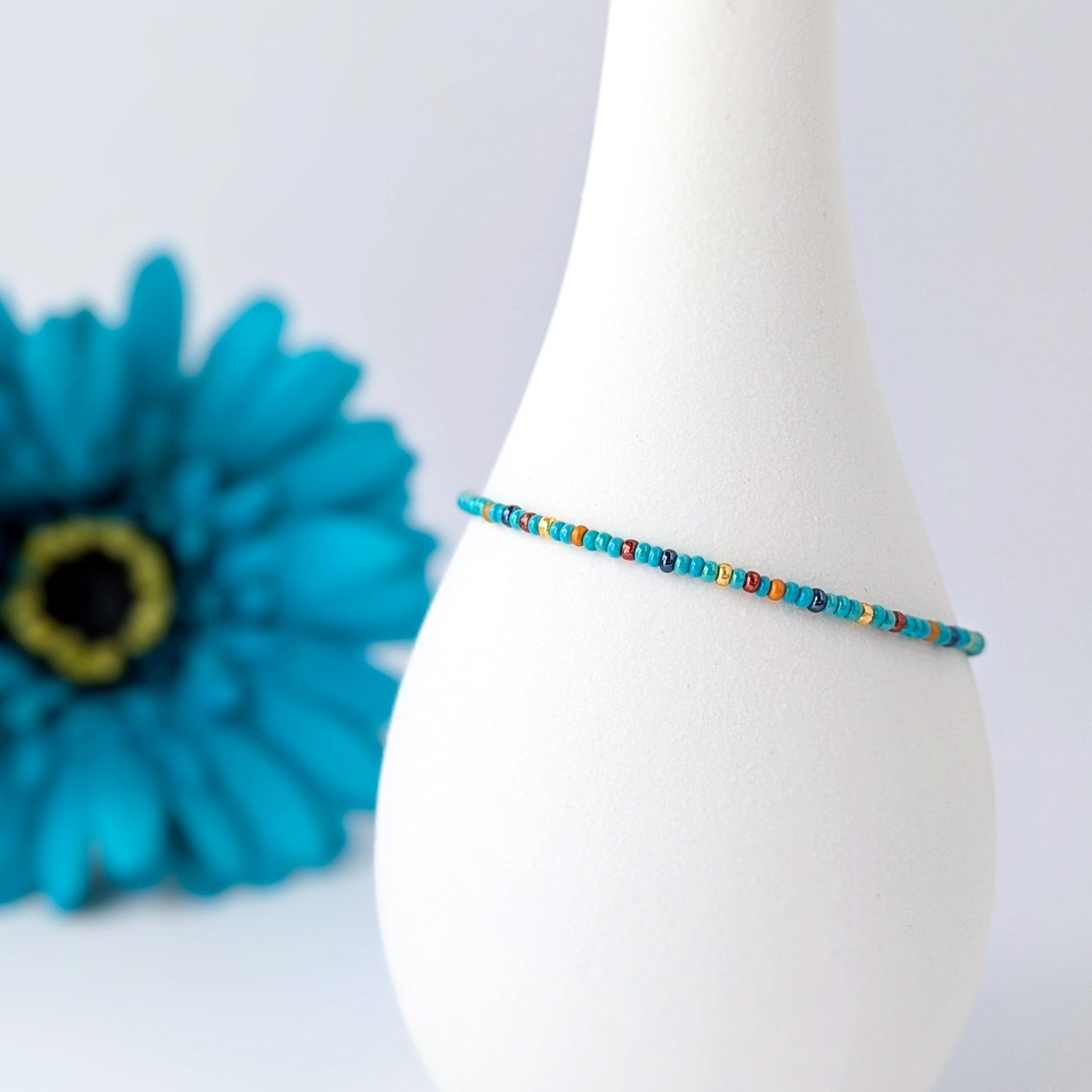 Dainty bracelet - turquoise, gold and copper glass seed beads ...